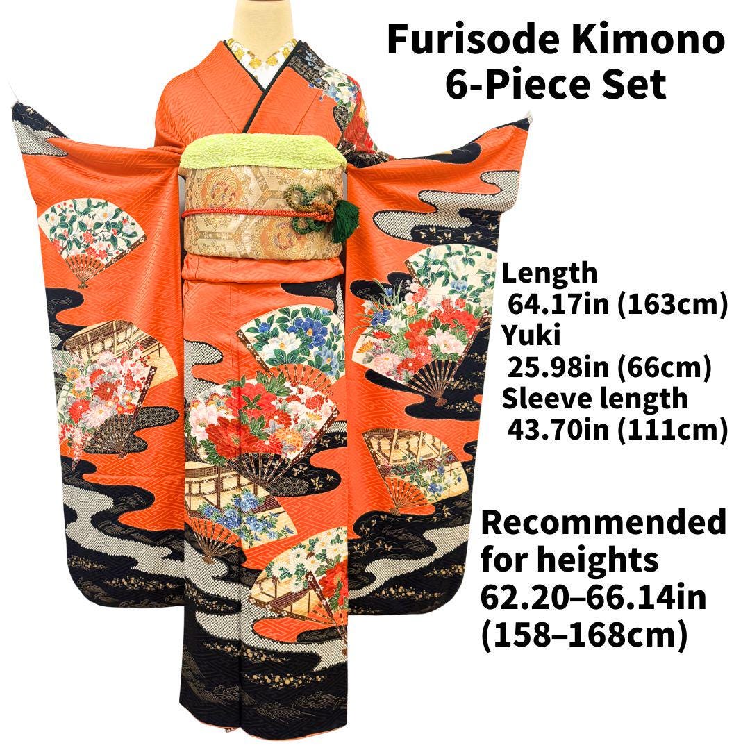 Silk Furisode Kimono 6-piece Set – Orange, Black Fan & Water Motifs - Etsy
