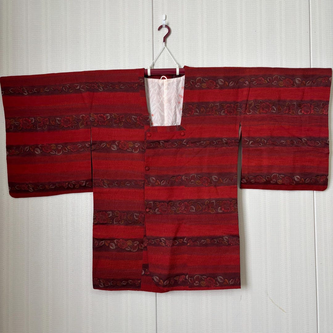 Japanese Michiyuki Coat – Deep Crimson Floral Silk Blend, Size 82cm - Etsy