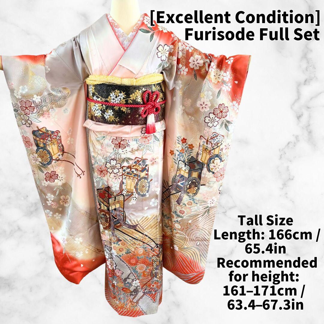 Tall Size Pure Silk Furisode Kimono Set | Gosho-guruma & Floral Motifs ...