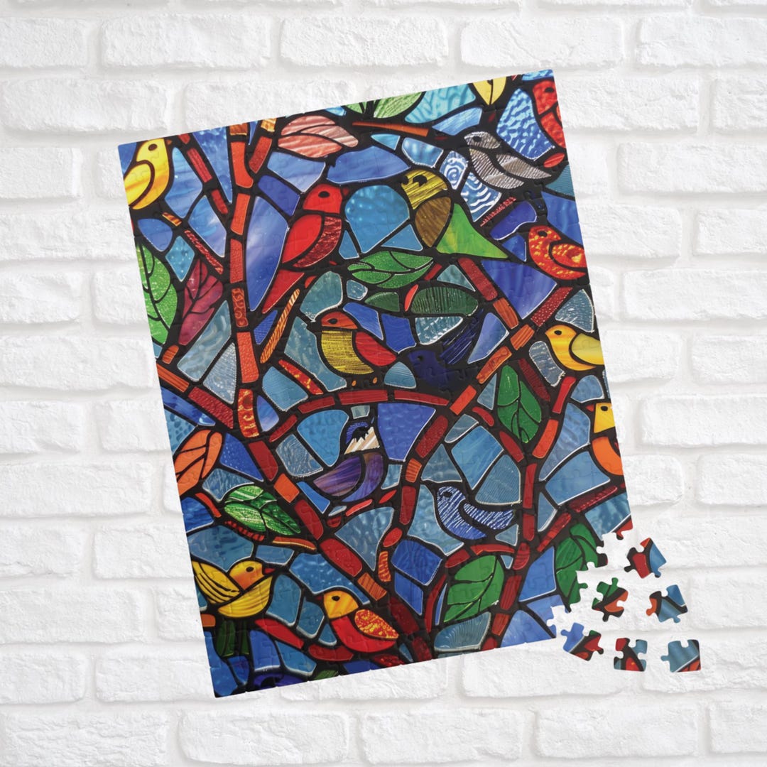 Bright Birds Puzzle (110, 252, 520), Stained Glass Style, Gift for ...