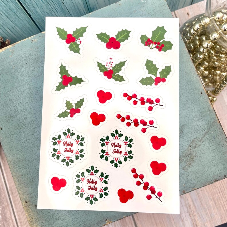 Holly Leaves and Berries Sticker Sheet: Holiday Crafting Stickers - Etsy