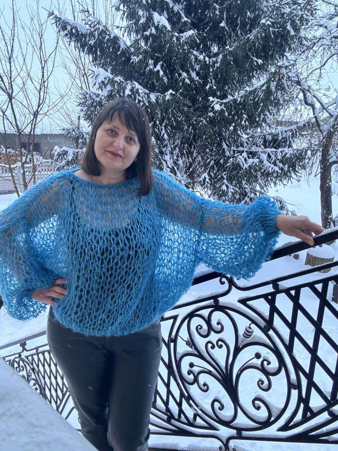 Fluffy Blue Mohair Sweater,coarse Hand-knit With Delicate Lurex Thread ...