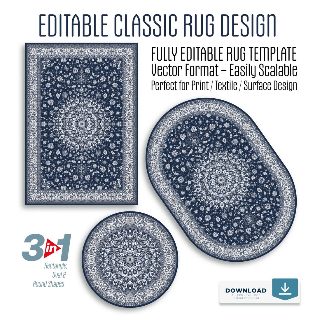 Editable Oriental Rug Vector Pattern: Dark Blue Medallion Design (SVG ...