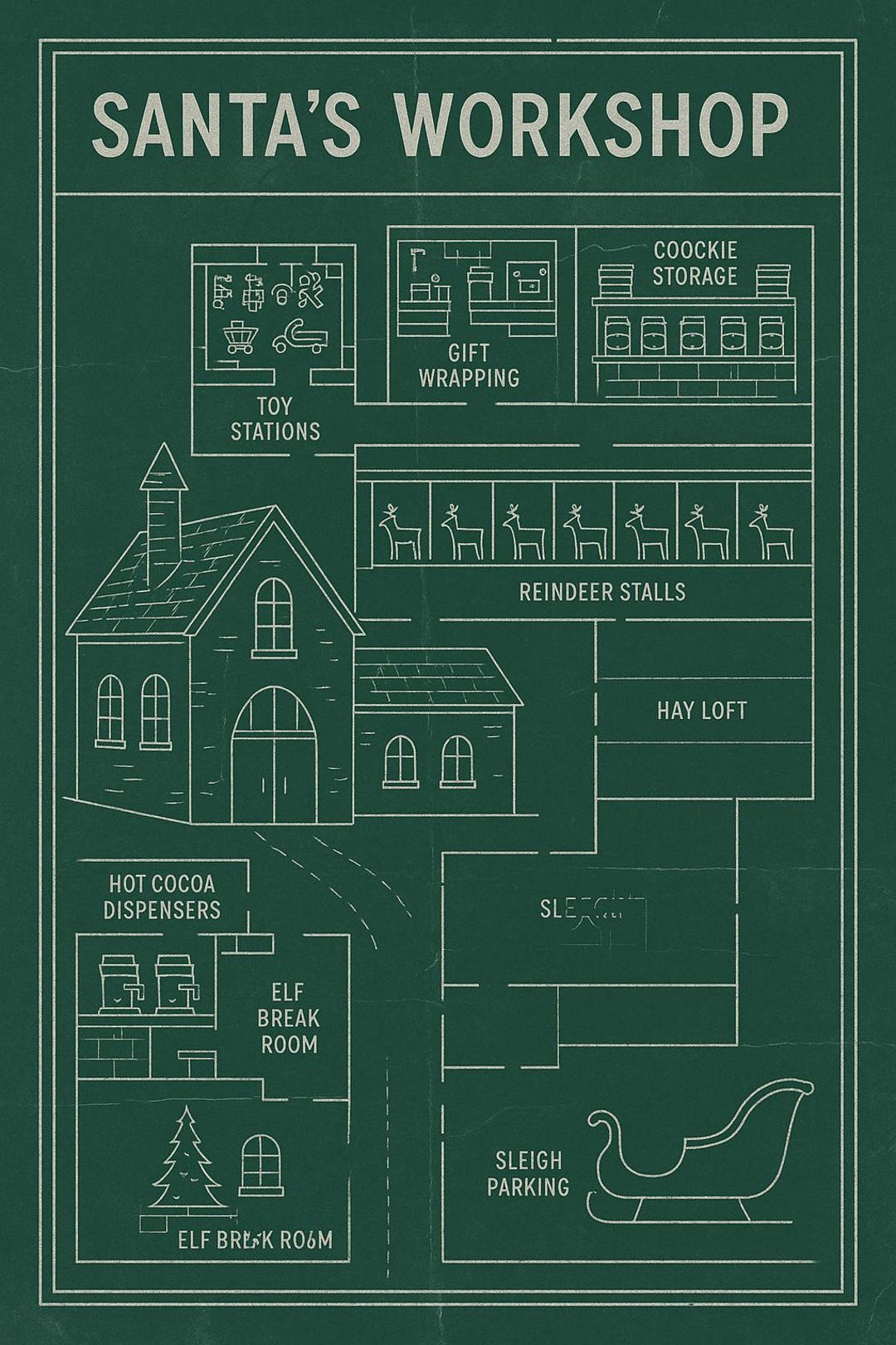 Santa's Workshop Blueprint Print: Vintage Christmas Wall Art (digital ...