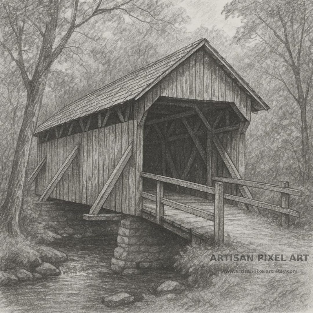 Bunker Hill Covered Bridge Print: Rustic Graphite Pencil Drawing ...