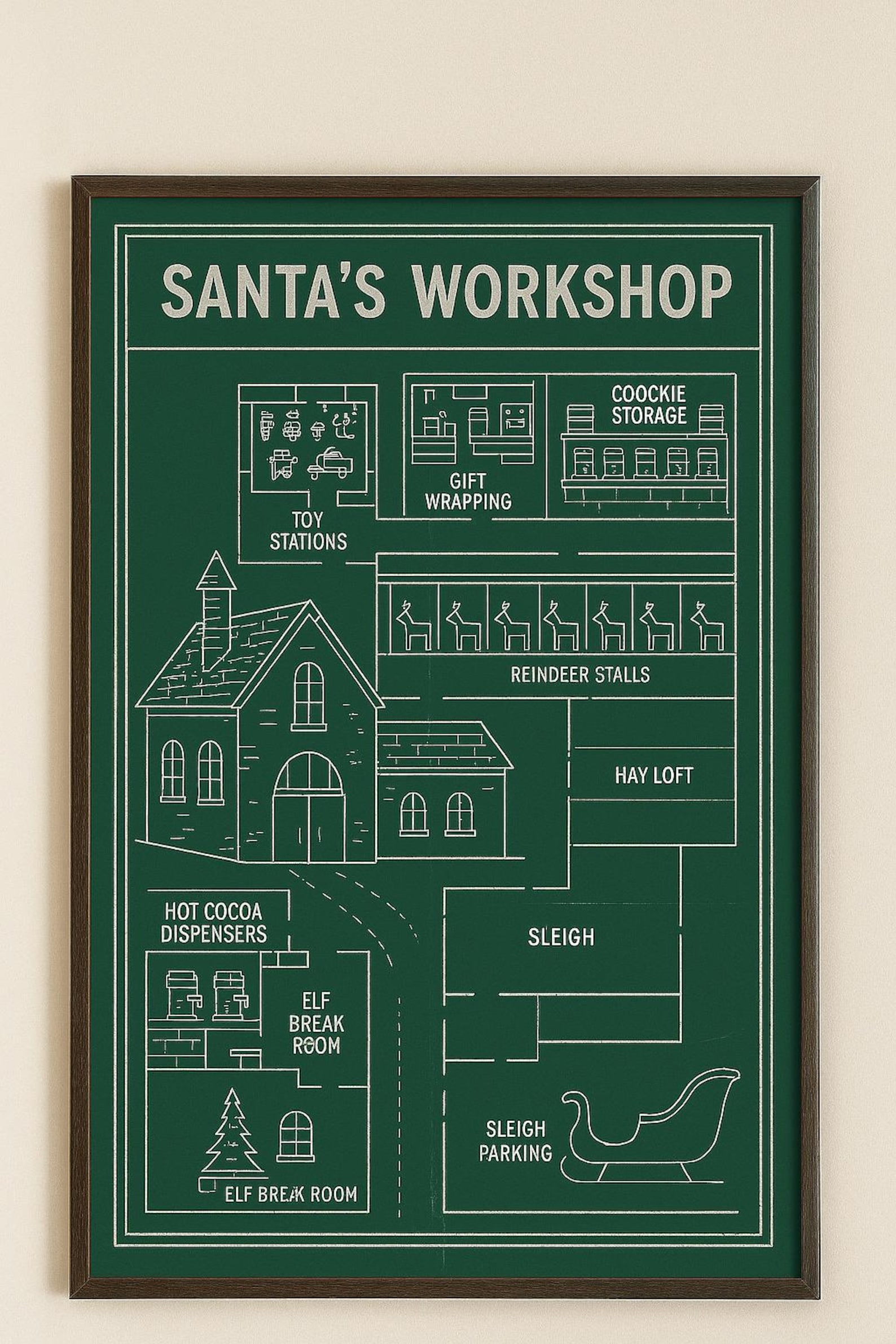 Santa's Workshop Blueprint Print: Vintage Christmas Wall Art (digital ...