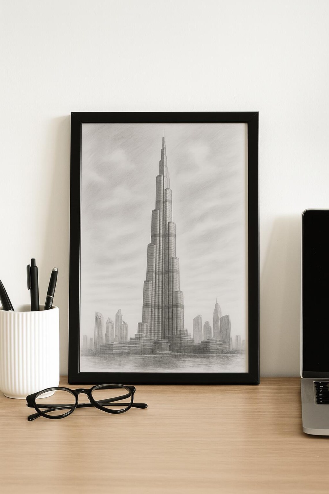 Burj Khalifa Graphite Drawing – Black & White Dubai Skyline Wall Art ...
