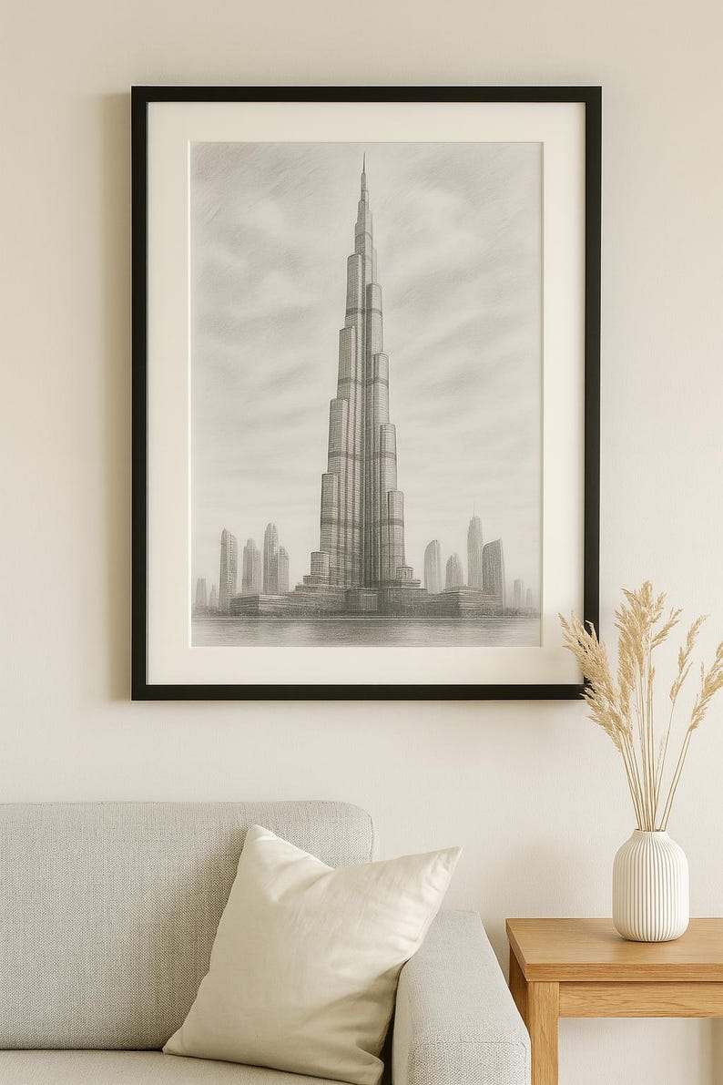 Burj Khalifa Graphite Drawing – Black & White Dubai Skyline Wall Art ...