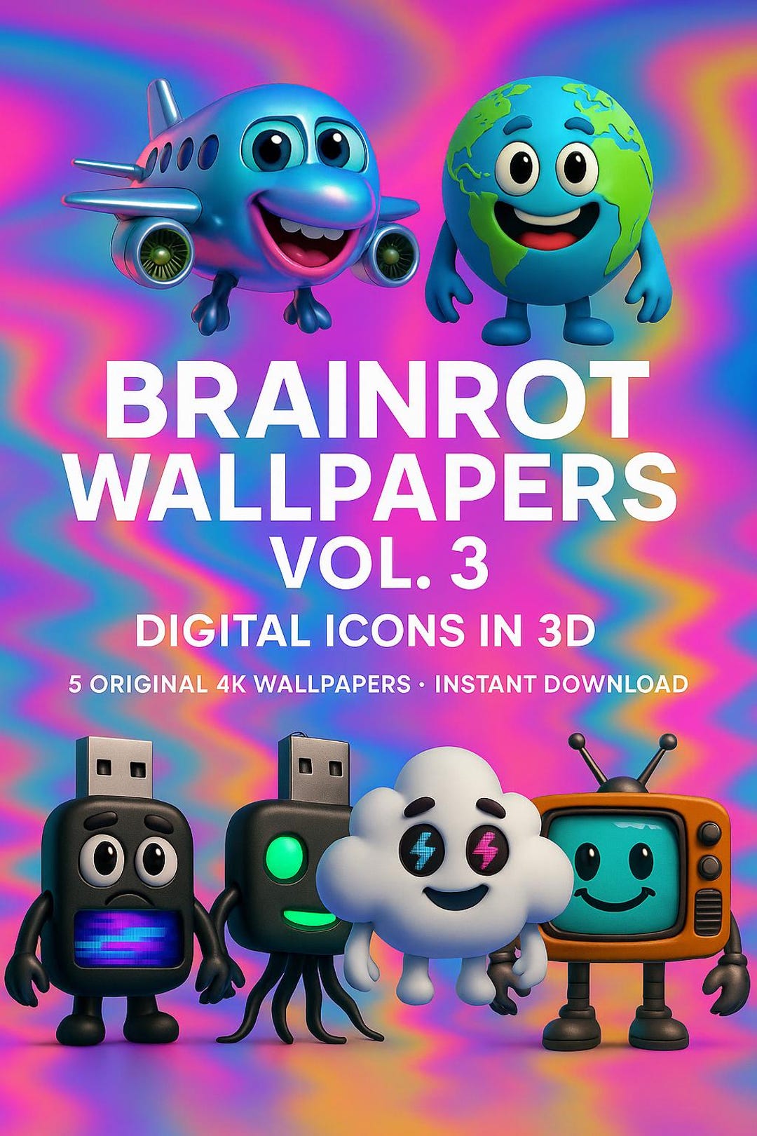 Brainrot Wallpapers Vol. 3 | 5 Surreal 3D Neon Characters | Digital ...
