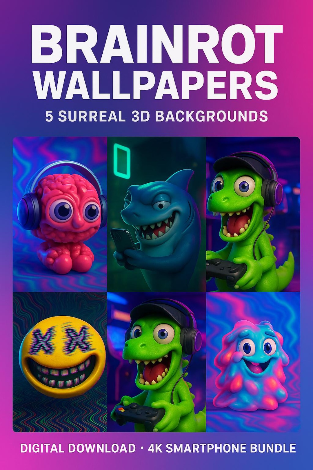 Pacote de papéis de parede Brainrot | 5 personagens neon 3D surreais ...