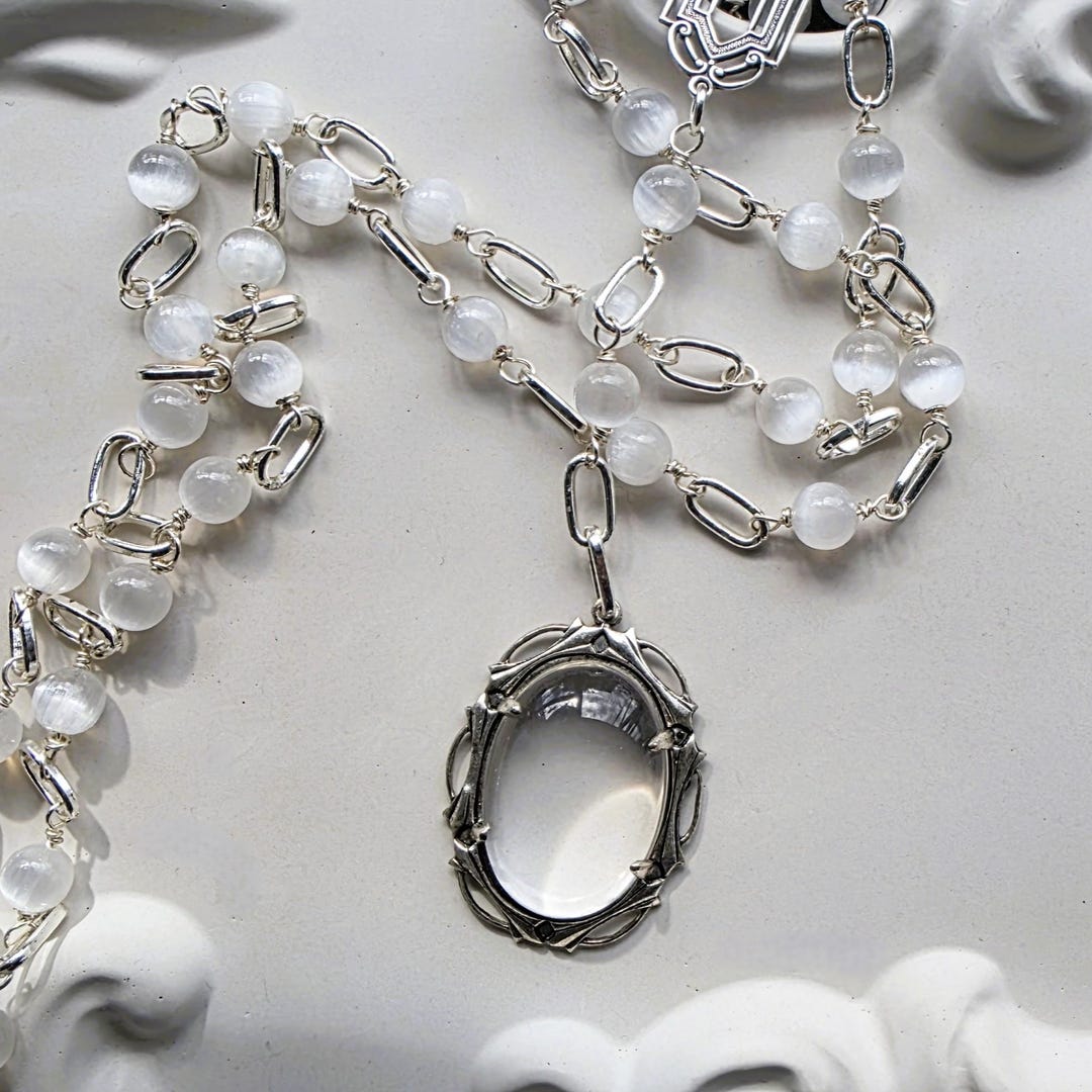 Vintage Glass Pendant Necklace: Antique Silver Selenite Beads - Etsy