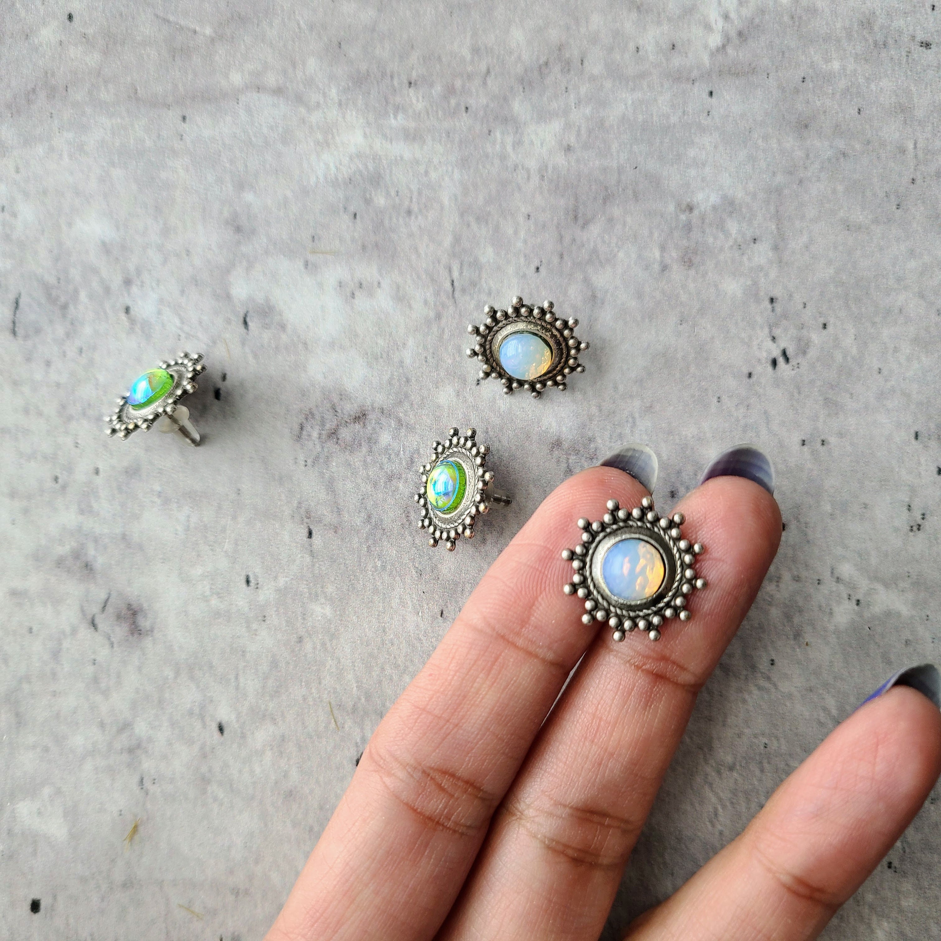 Silver boho stud earring set glass opal accessories simple - Etsy.de