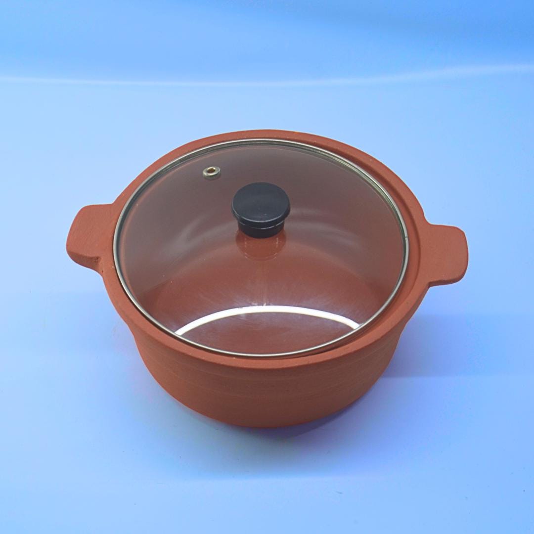 Traditional Terracotta Cooking Pot With Glass Lid, Side Handles, for ...