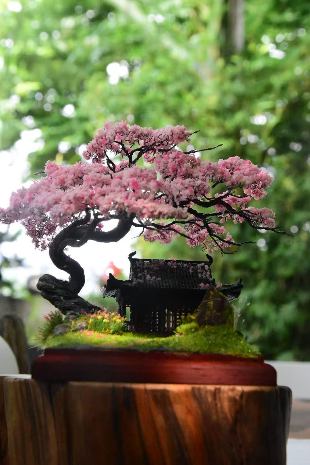 Handmade Wire Cherry Blossom Bonsai Miniature With Chinese Pavilion Art ...