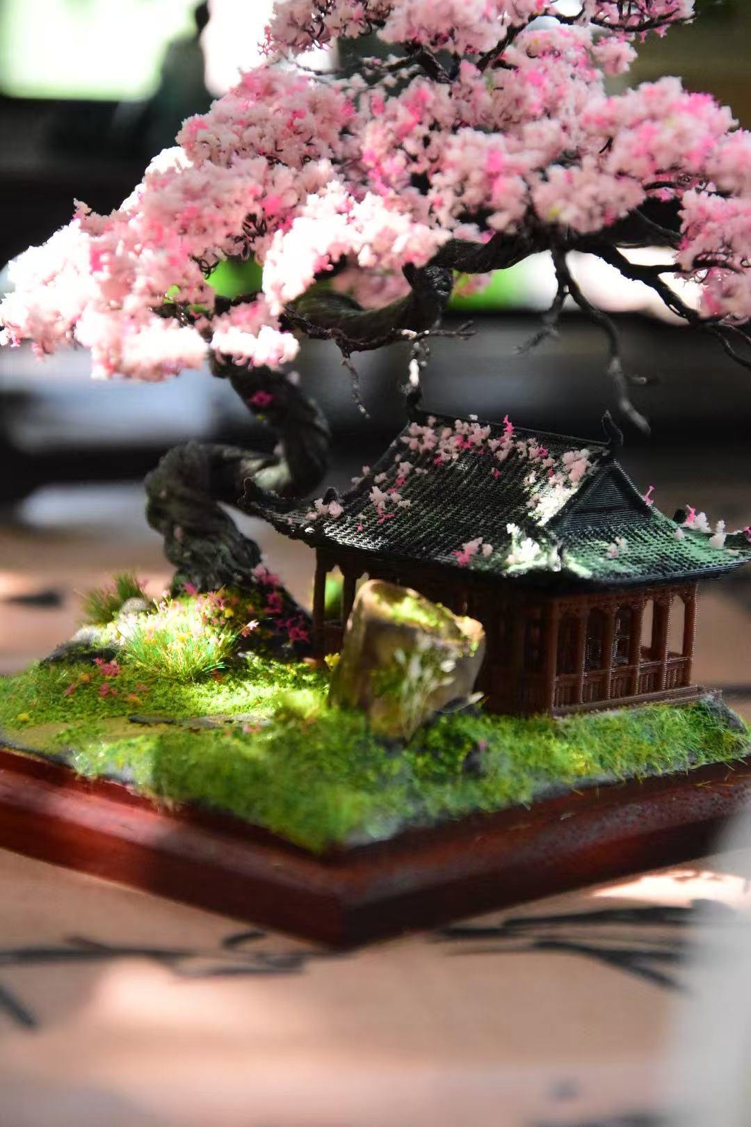 Handmade Wire Cherry Blossom Bonsai Miniature With Chinese Pavilion Art ...