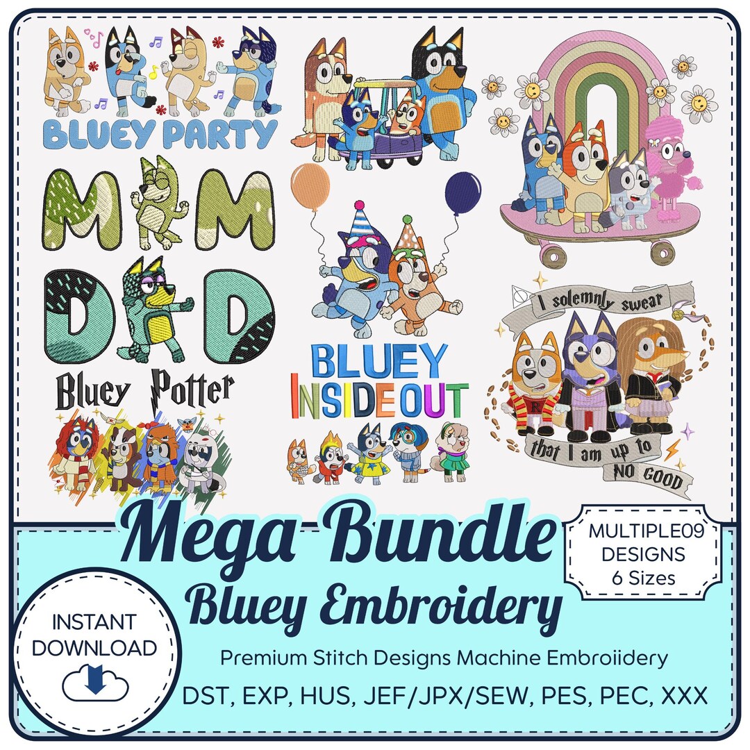 Bluey Embroidery Design Bundle: 9 Cartoon Designs, 6 Sizes (instant ...