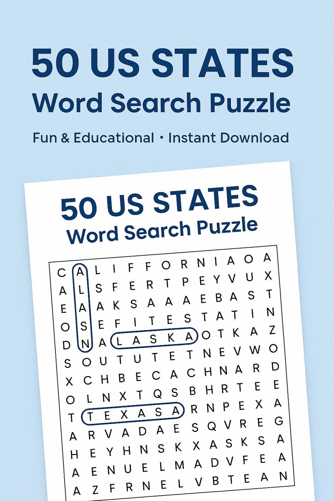 50 States Word Search Puzzle: Fun Geography Game (A4 PDF Download) - Etsy