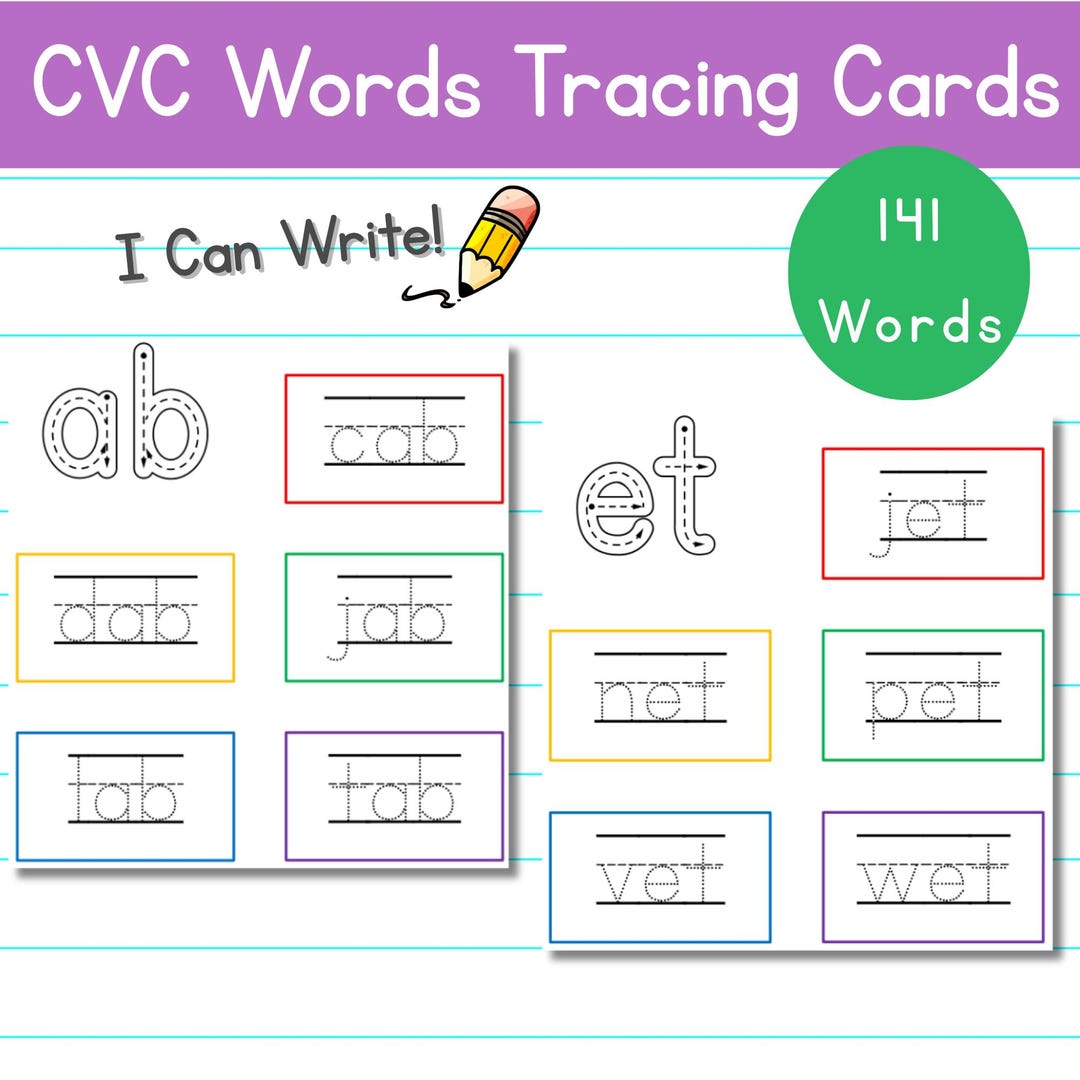 CVC Word Tracing Worksheets for Kids Printable PDF 141 Words Phonics ...