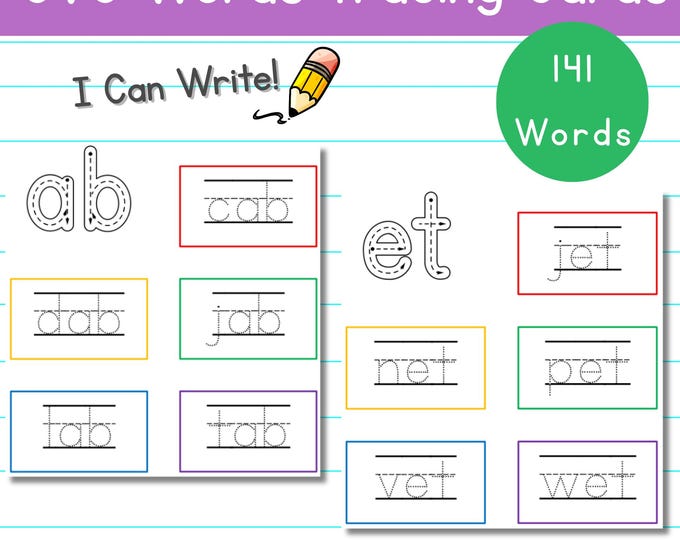 50 CVC Word Tracing Worksheets for Handwriting Practice, Printable ...