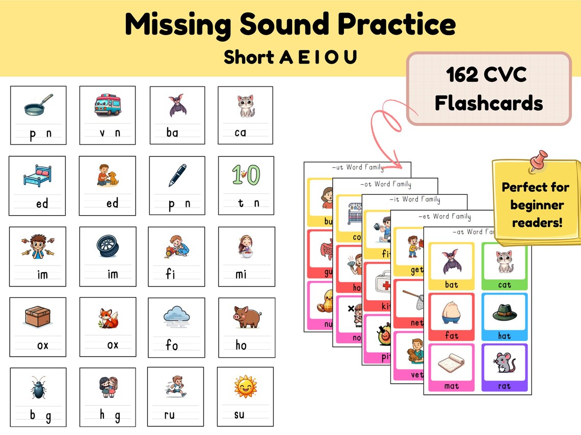 CVC Flashcards & Worksheets | Short Vowel Sounds, 162 Words (PDF) - Etsy