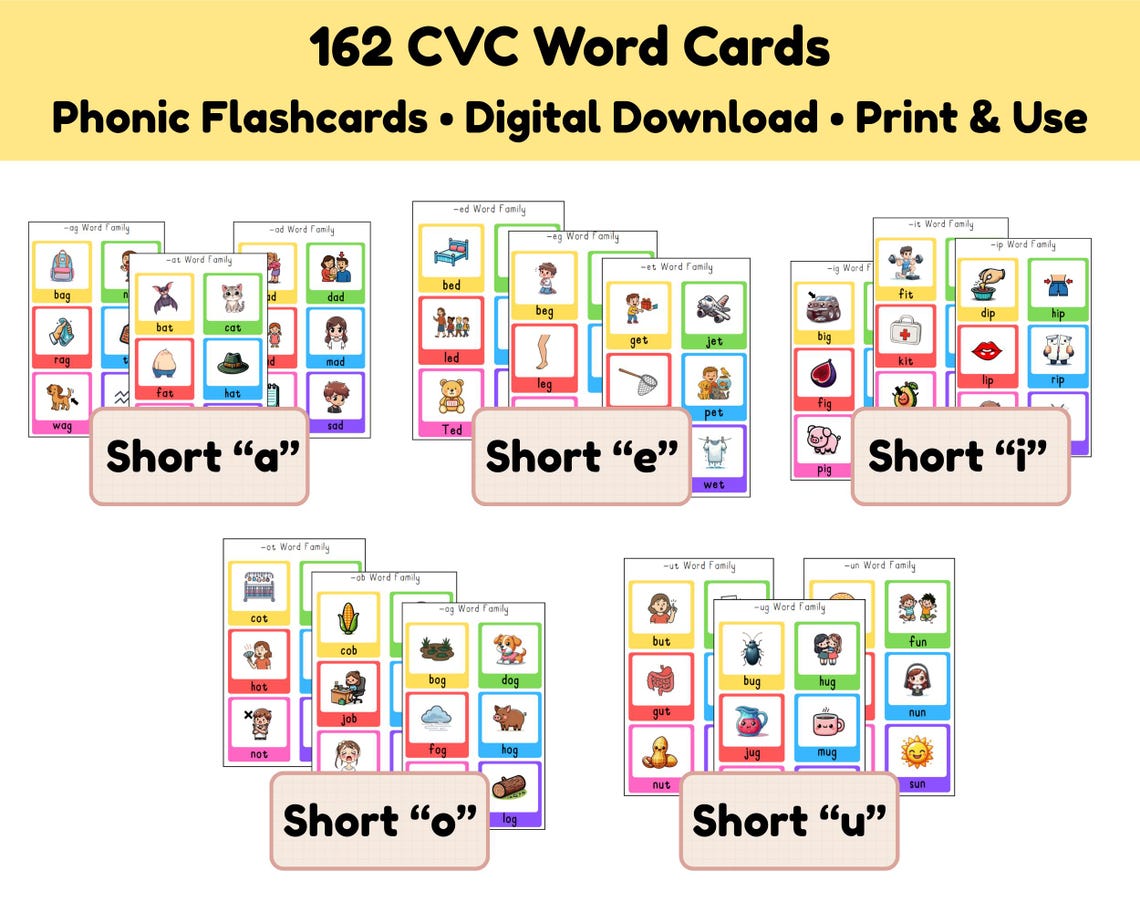 CVC Flashcards & Worksheets | Short Vowel Sounds, 162 Words (PDF) - Etsy