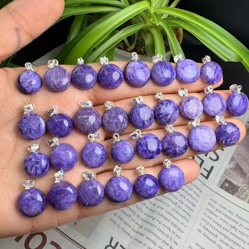 Natural Charoite Round Pendant | 10–12mm Gemstone | 925 Sterling Silver ...