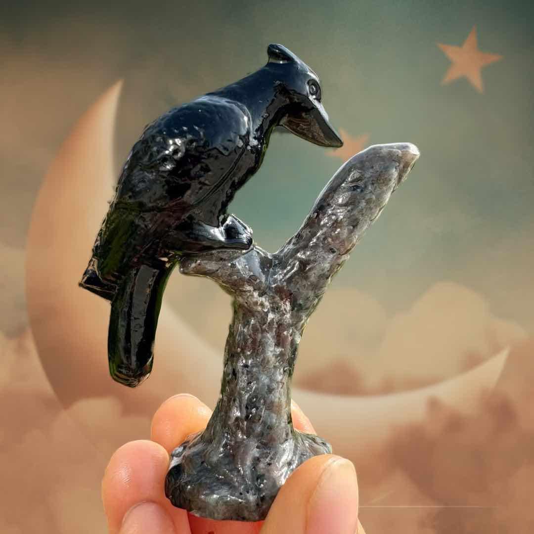 Hand-carved Obsidian Woodpecker on Yooperlite Branch | Crystal Bird ...