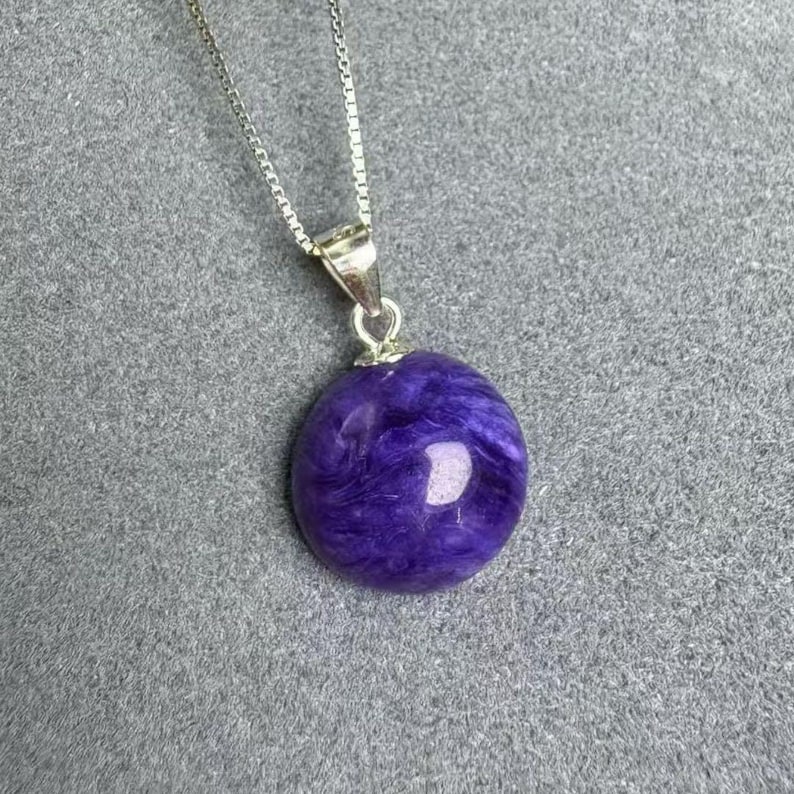 Natural Charoite Round Pendant | 10–12mm Gemstone | 925 Sterling Silver ...