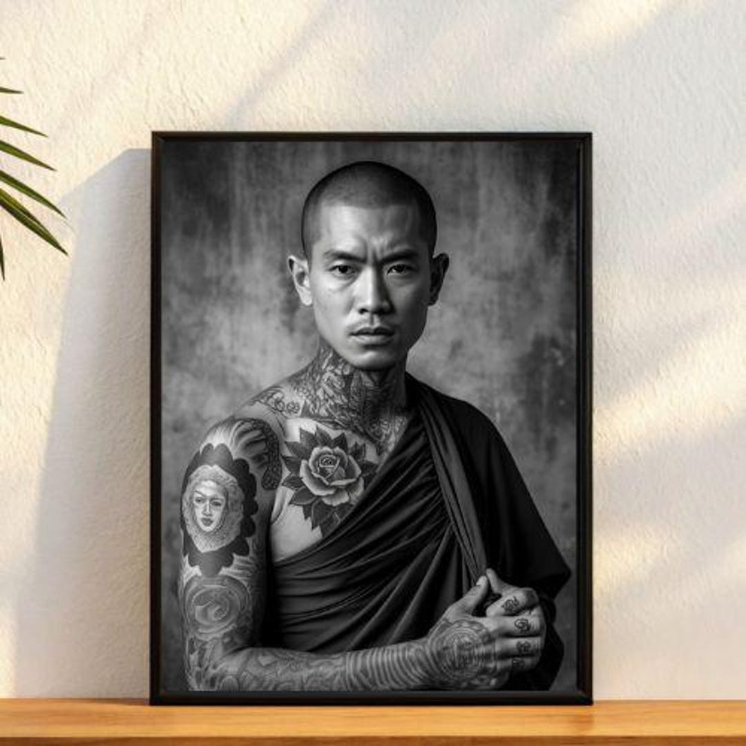 Tattooed Monk Wall Art – Black and White Digital Portrait, Zen Warrior ...