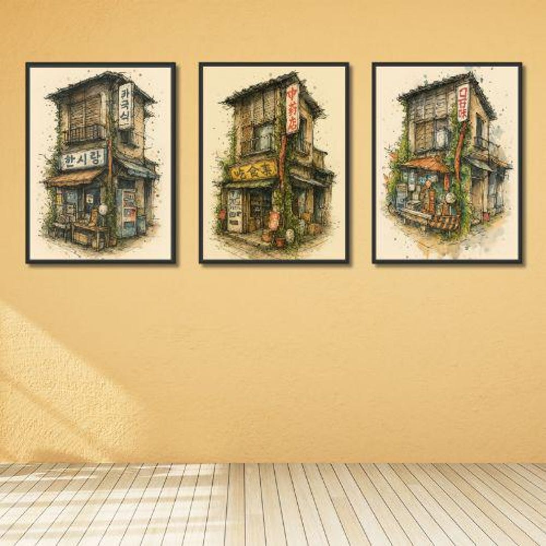 Asian Storefront Sketch Art Print Set: Japanese Korean Architecture ...
