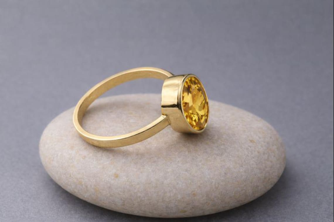 Unisex Yellow Sapphire Ring, Panchdhatu Gold Plated (oval Bezel Setting ...