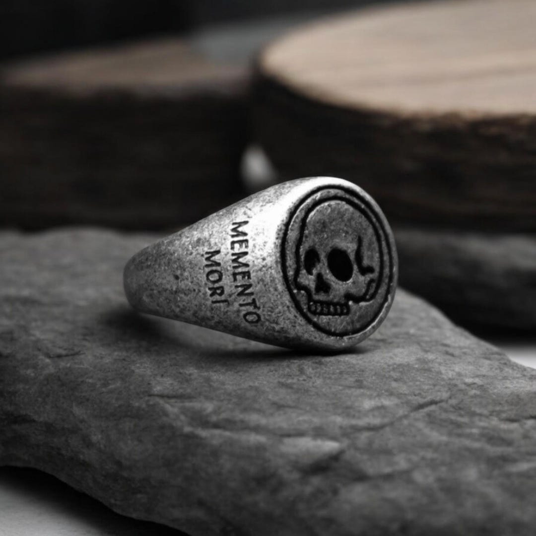 Gothic Skull Signet Ring • Memento Mori Latin Ring • Antique Silver ...