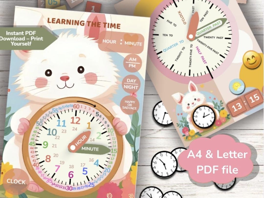 Rabbit Learn to Tell Time Printable Clock Game: Montessori Educational ...