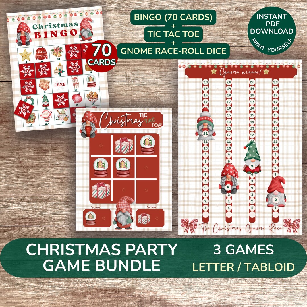 Christmas Party Game Bundle – Bingo (70 Cards) + Tic Tac Toe + Gnome ...