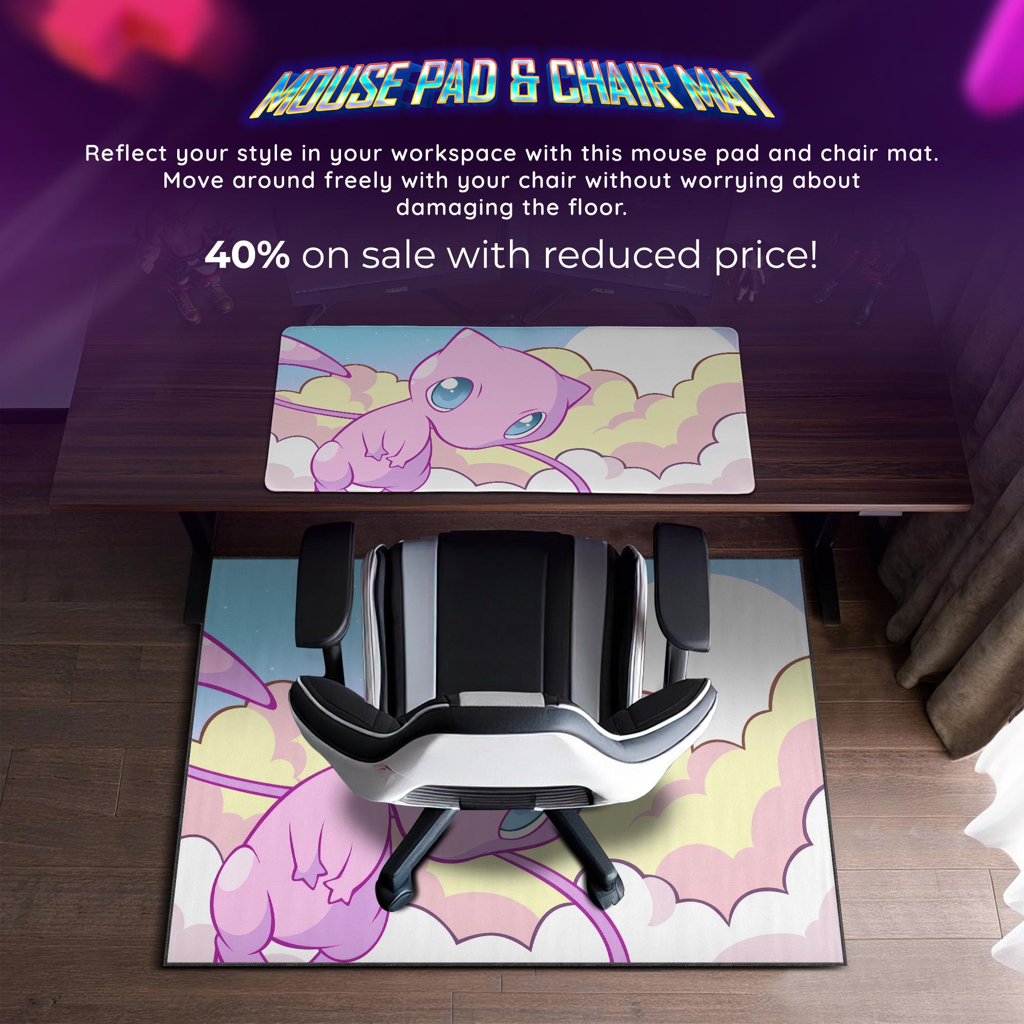 Mew Pokémon Mouse Pad - Dreamy Pink Cloud Gaming Mat With Kawaii ...
