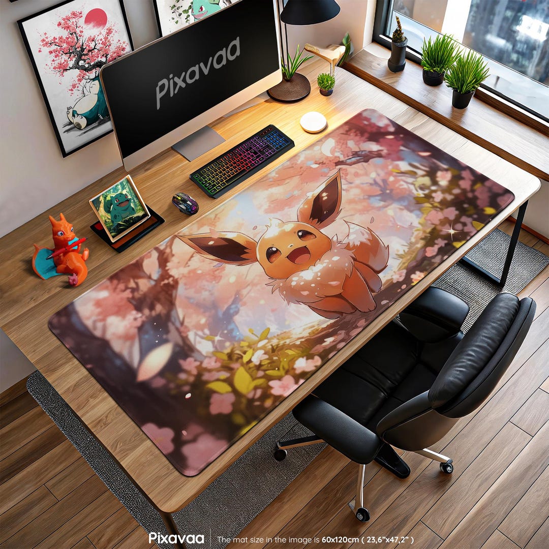 Eevee Cherry Blossom Mouse Pad - Spring Forest Pokémon Art Design, Cute ...