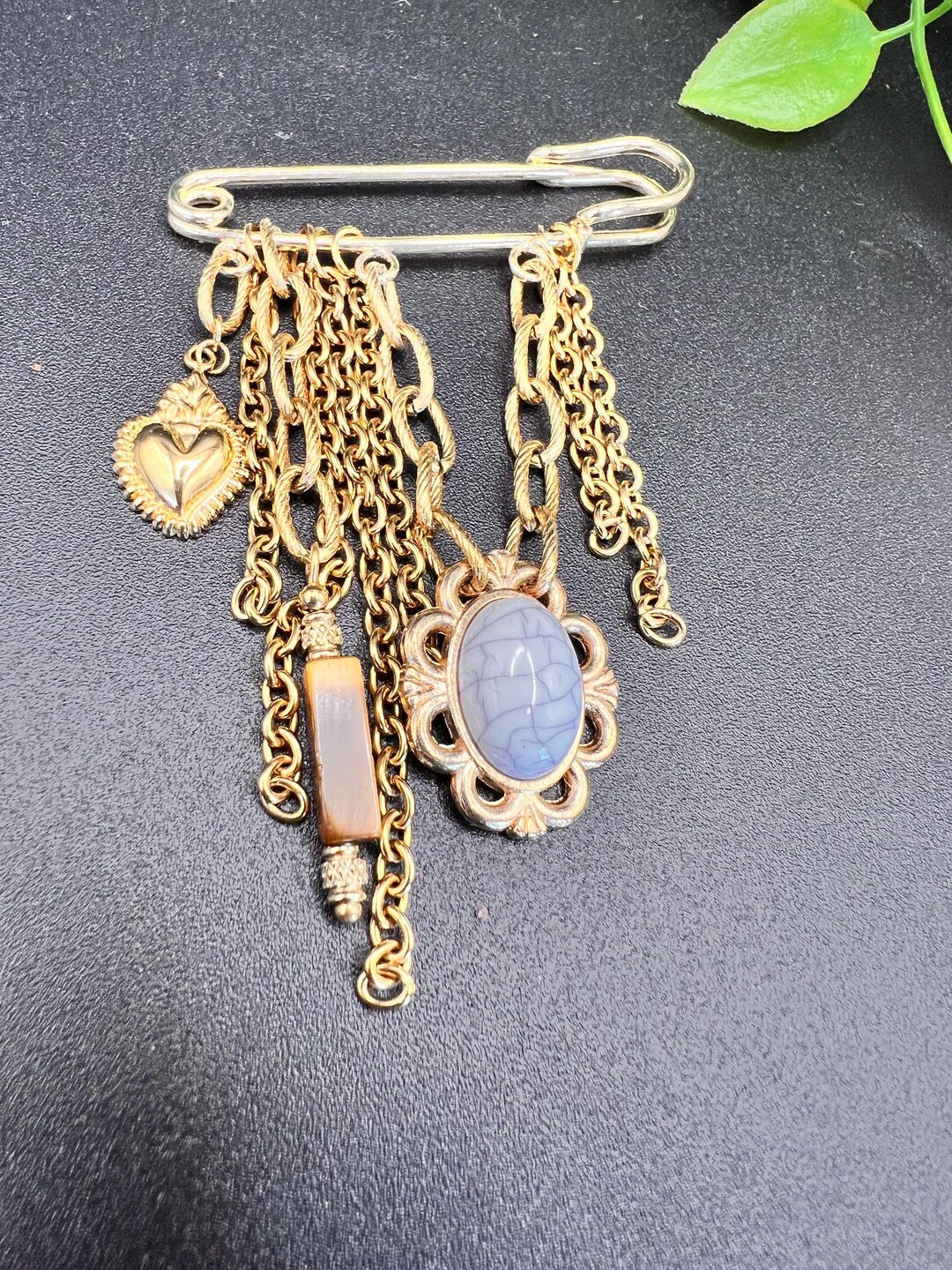 Gold Heart Votive Brooch – Upcycled Vintage Jewelry – Dangling Chain ...
