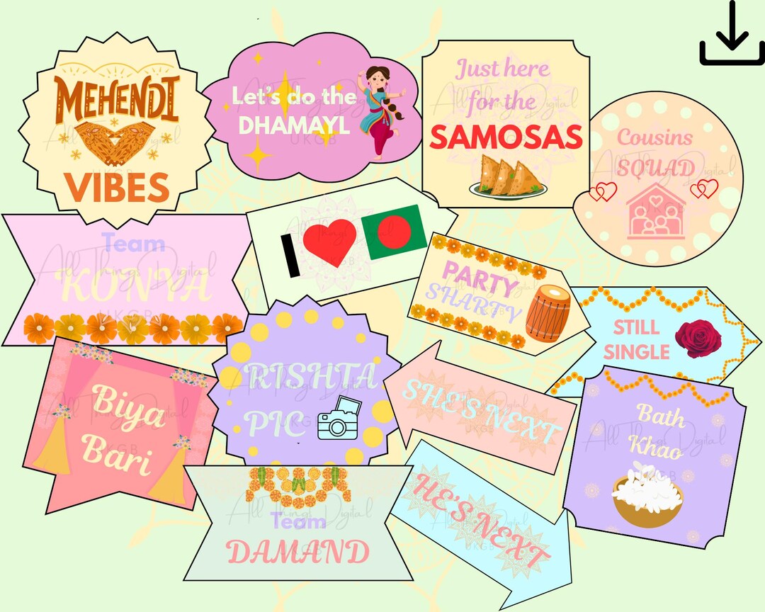 Bengali Wedding Photo Booth Props: Pastels. Mehndi, Sangeet, Haldi ...