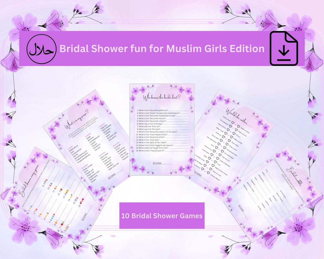 Muslim Desi Halal Bridal Shower Games: Purple Lilac Theme, 10 Game ...