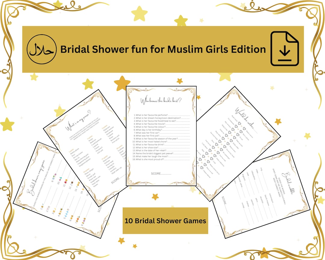 10 Muslim Bridal Shower Games: Desi Halal Hen Party, Gold Neutral Theme ...