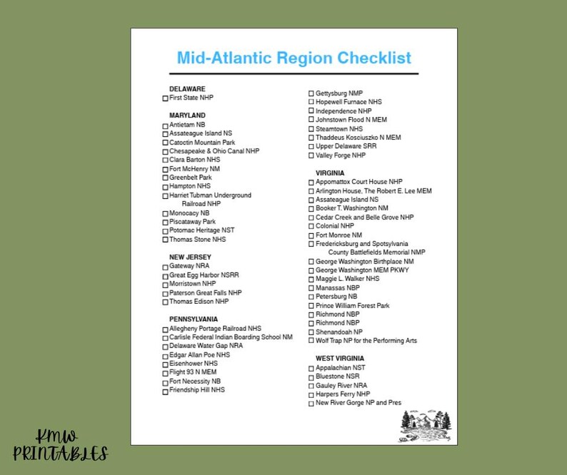 National Park Checklist: US Regions, NPS Tracker (digital Download) - Etsy