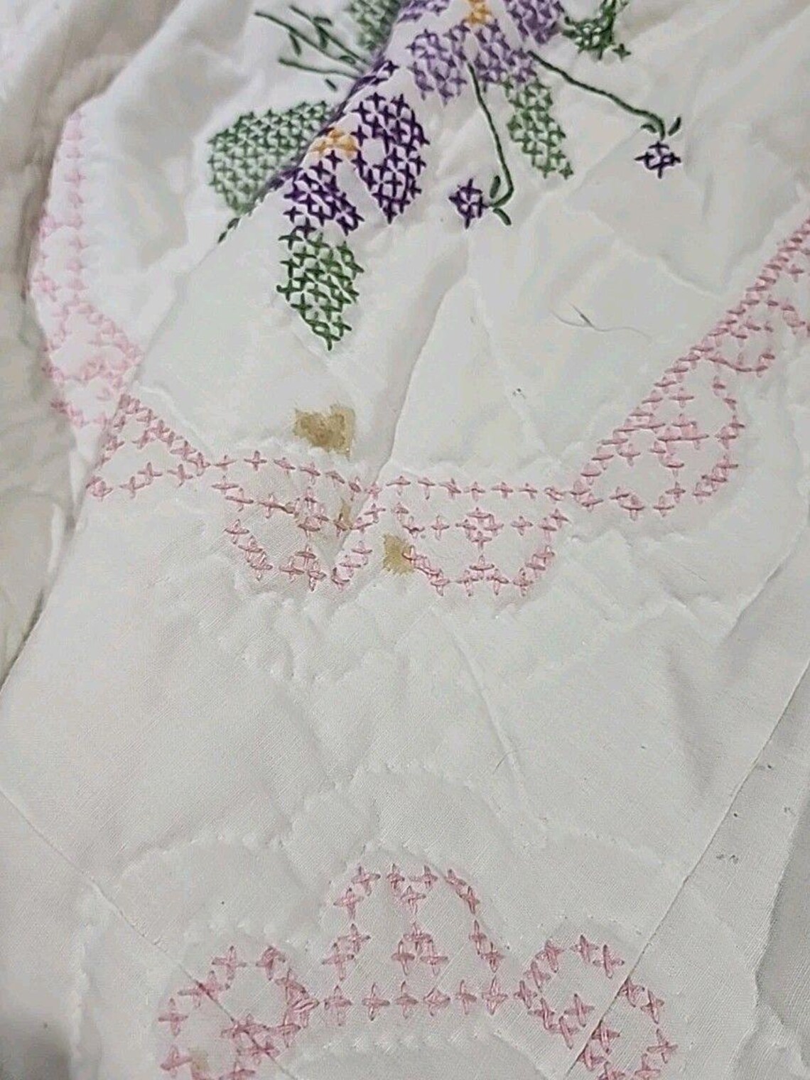 Vintage Huge 110 X 98 Crosstiched Hand Sewn Purple & Pink Floral Cotton ...