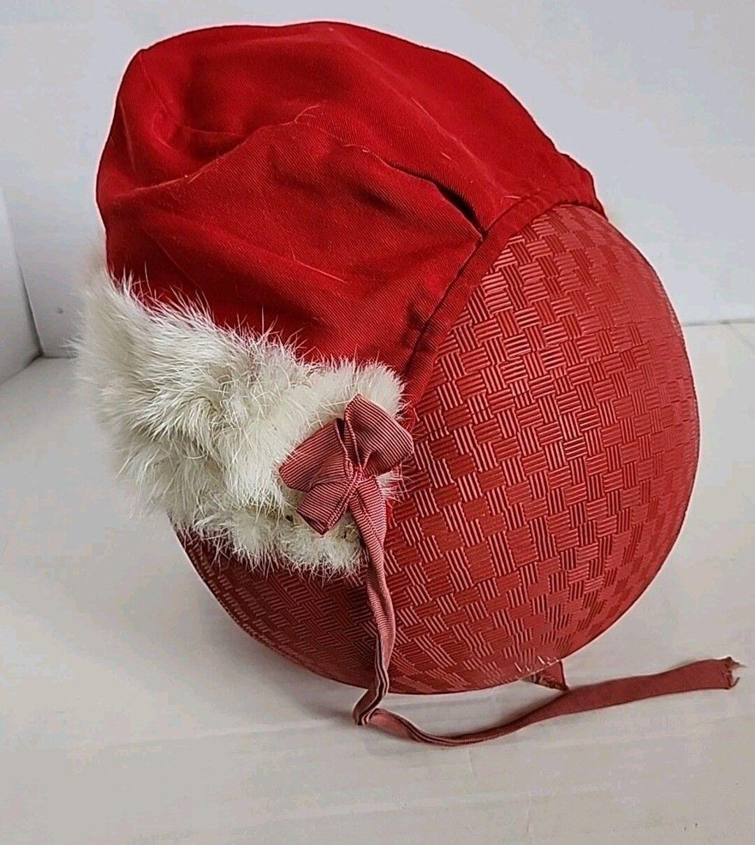 Vintage Holiday Christmas Santa Claus Red & White Bonnet Hat W/ Bow and ...