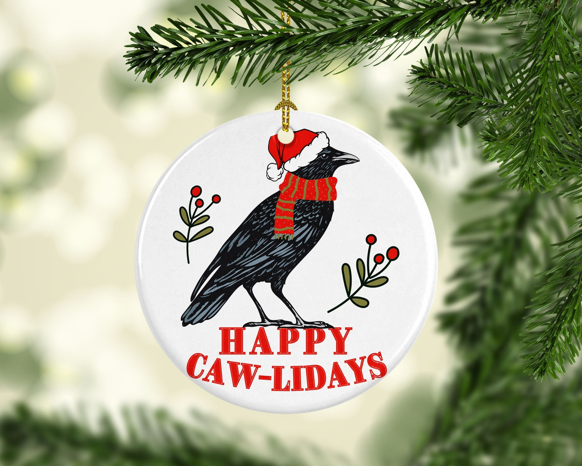 Crow Christmas Tree Ornament, Happy CAW-LIDAYS, Funny Pun Ornament ...