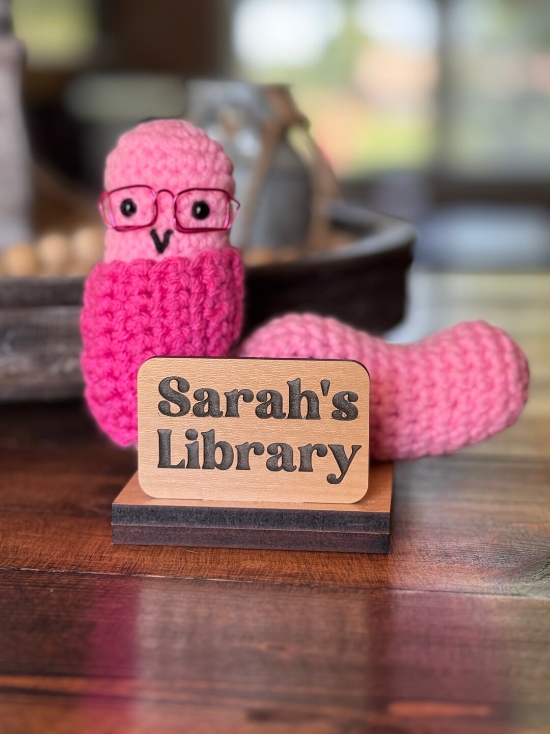 Custom Library Sign, Cute Crocheted Bookworm Sign, Book Nook, Bookshelf ...