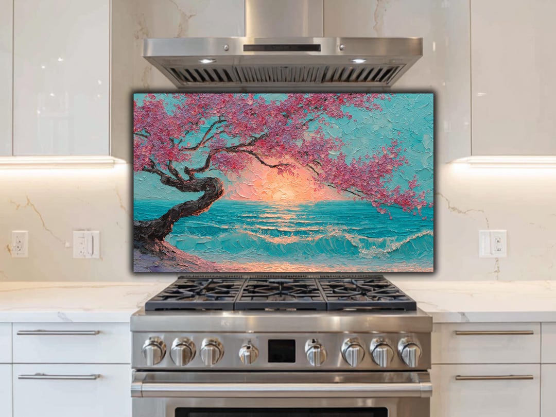 Cherry Blossom Sunset Tempered Glass Stove Splashback: Coastal Kitchen ...