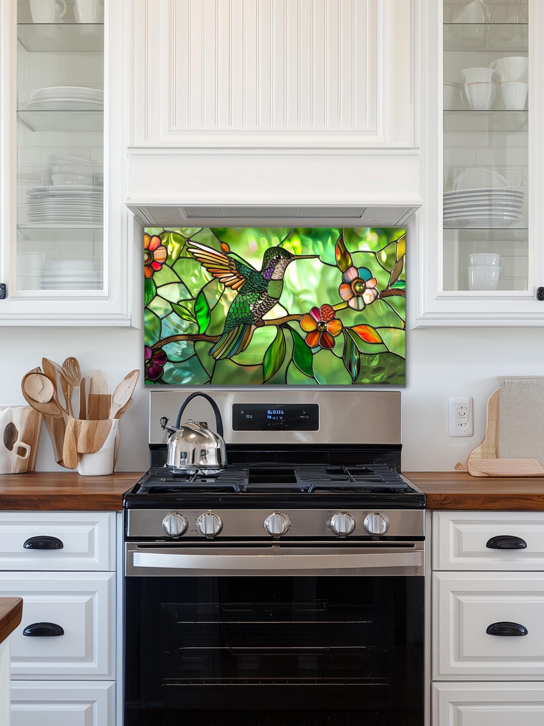 Tempered Glass Backsplash, Stained Glass Hummingbird, Uv-printed, Heat ...