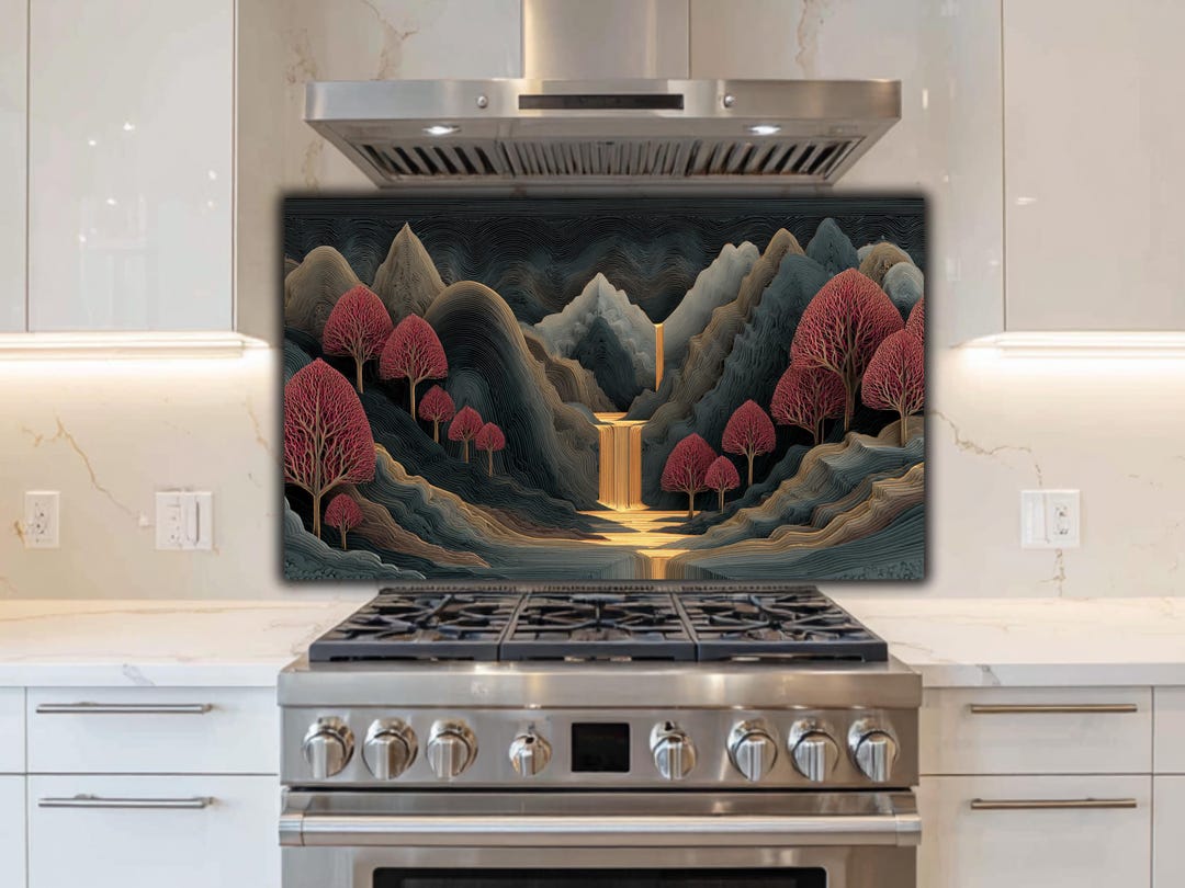Golden Cascade Night Landscape Stove Backsplash | Tempered Glass ...