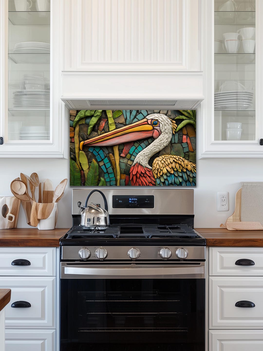 Tempered Glass Pelican Stove Guard | Tropical Mosaic Relief Kitchen ...