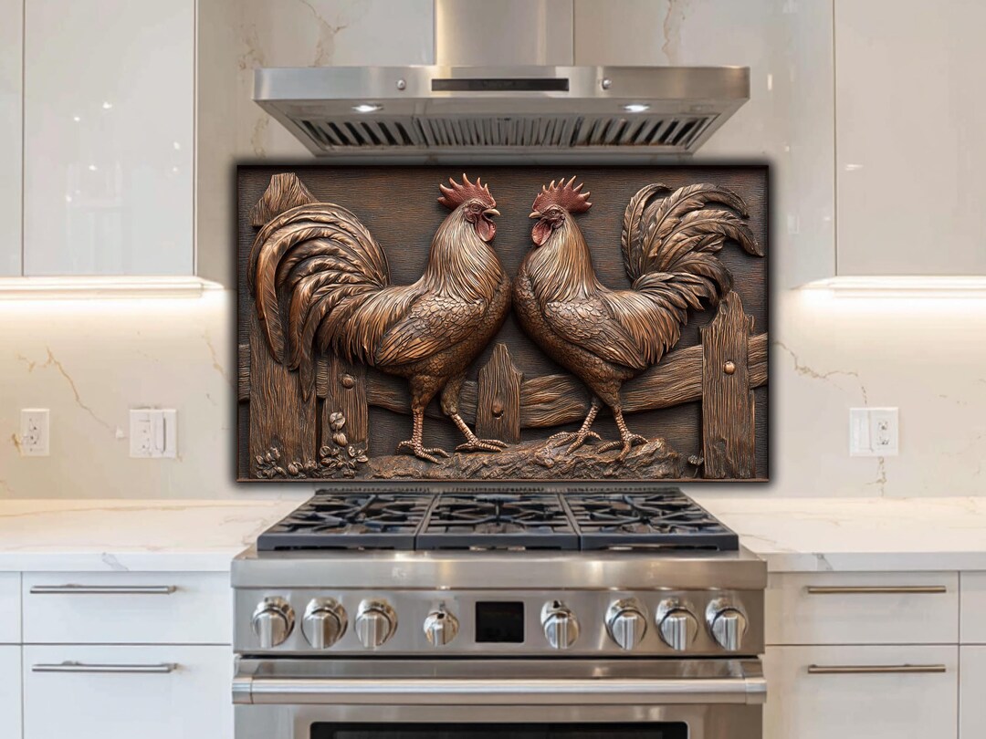 Bronze Rooster Relief Backsplash: Rustic Farmhouse Tempered Glass Art ...